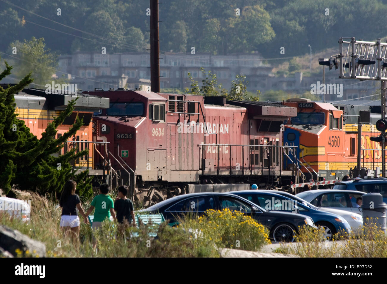 Canadian Pacific Diesel locomotive on a Burlington Northern BNSF freight train at Edmonds ...