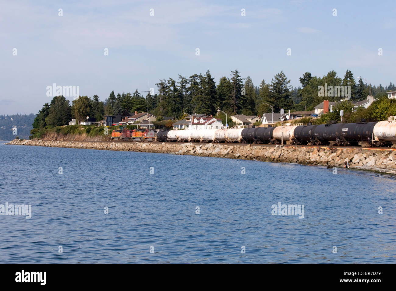 Burlington Northern Santa Fe BNSF freight train runs beside Puget Sound ...