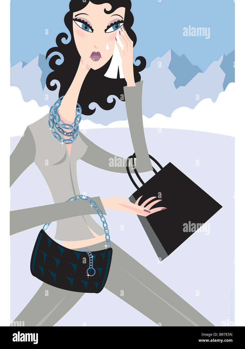 Woman carrying shopping bags and crying Stock Photo - Alamy