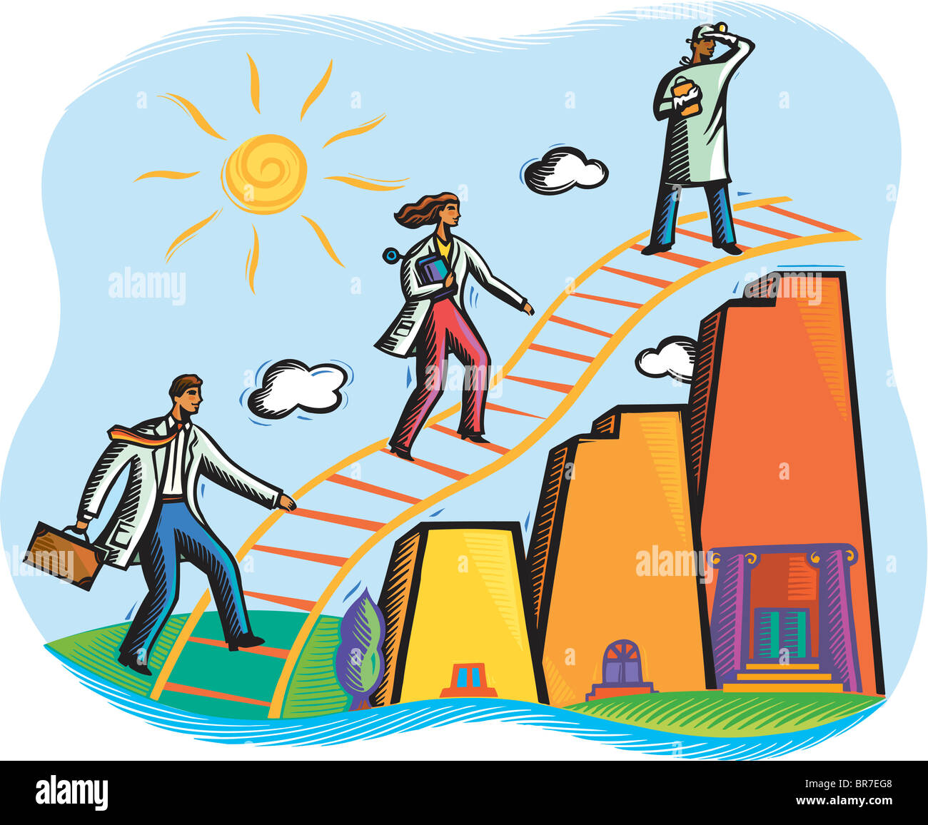 Doctors climbing a ladder over buildings Stock Photo - Alamy