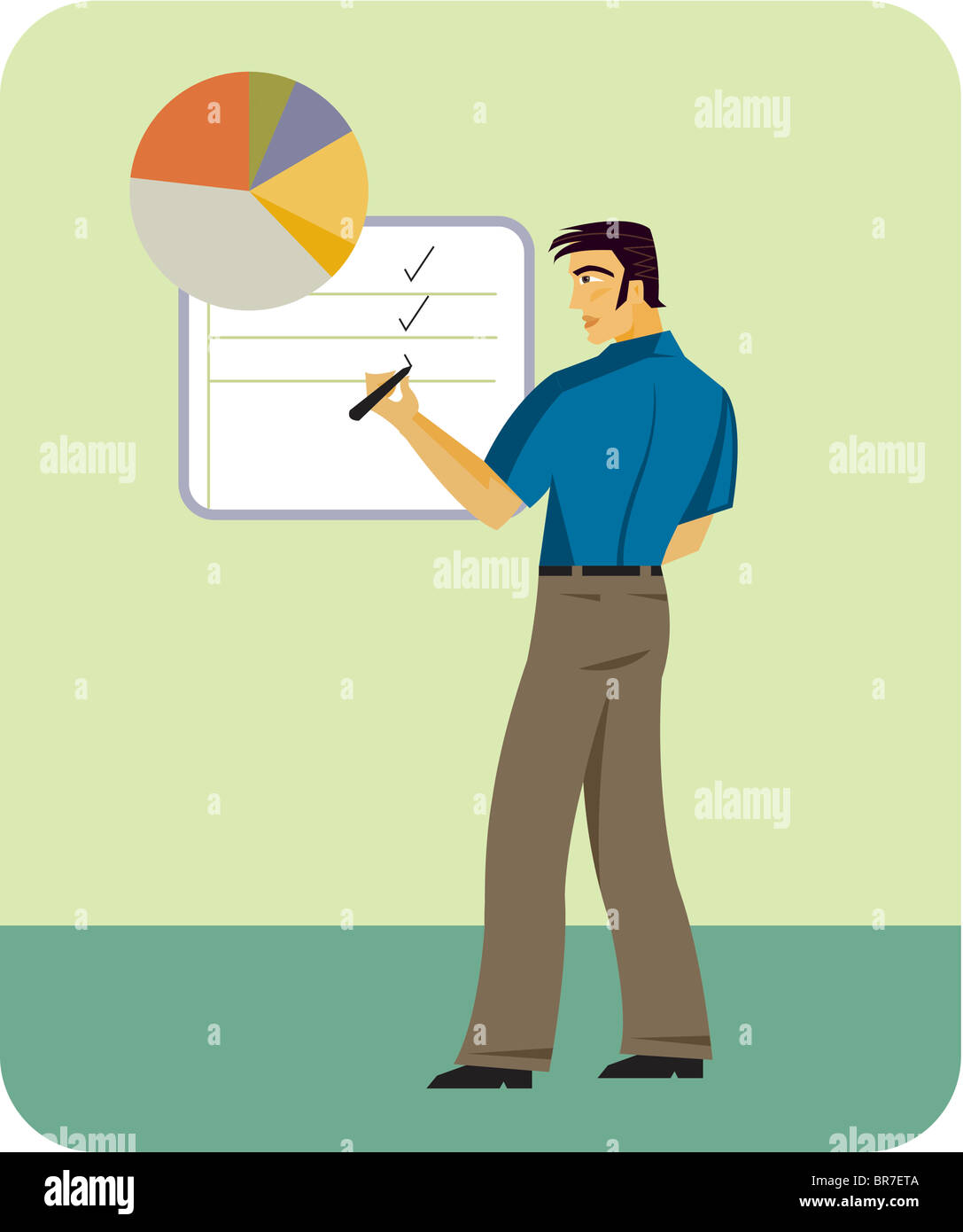 A businessman checking off items on a list of a presentation chart with ...