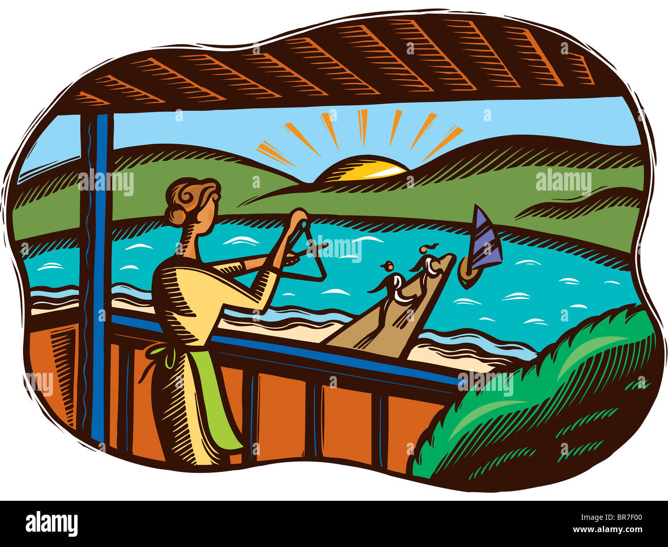 A mother calling her kids for lunch using a triangle bell Stock Photo ...