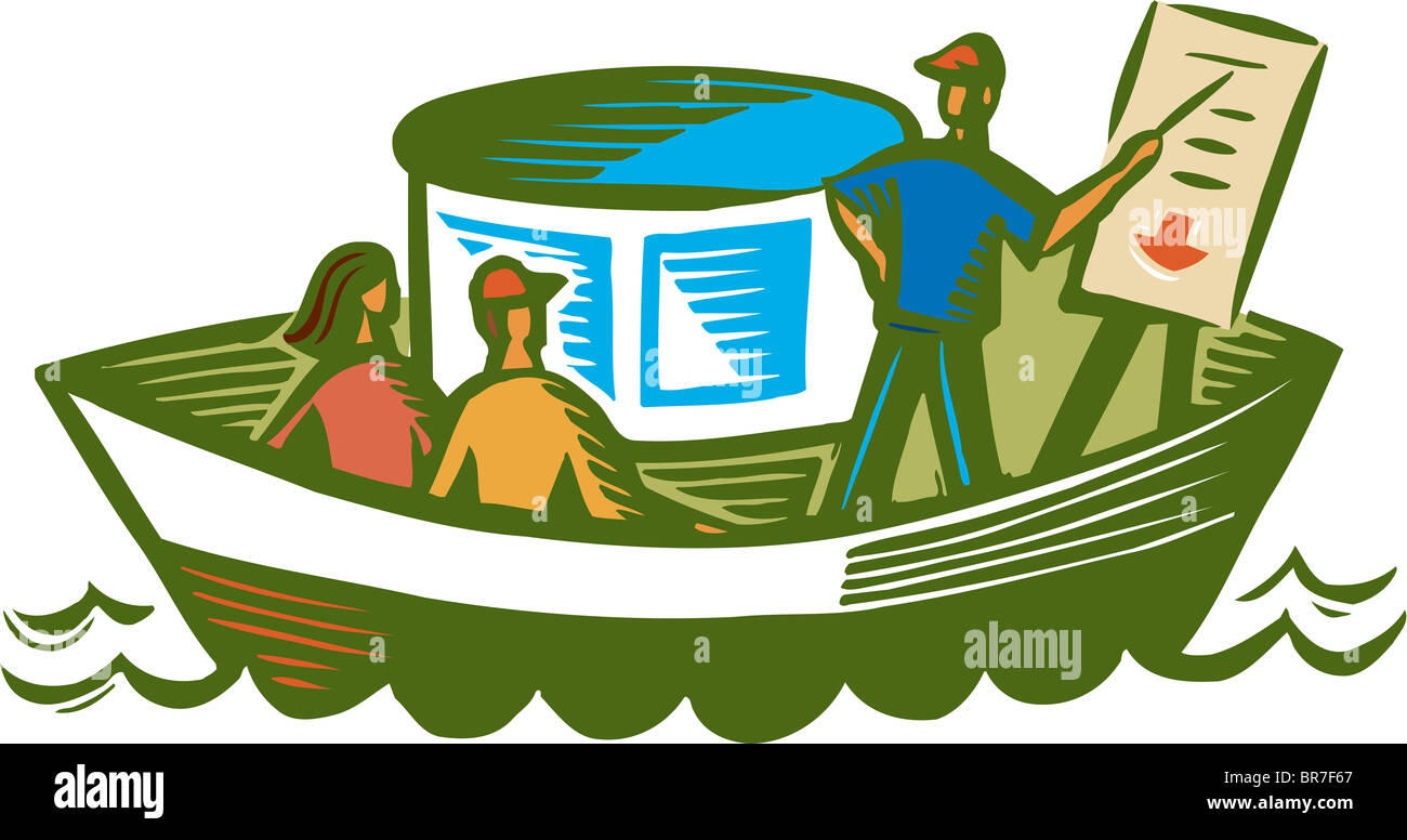 Two people on a boat getting a lesson from a man who is pointing to a ...
