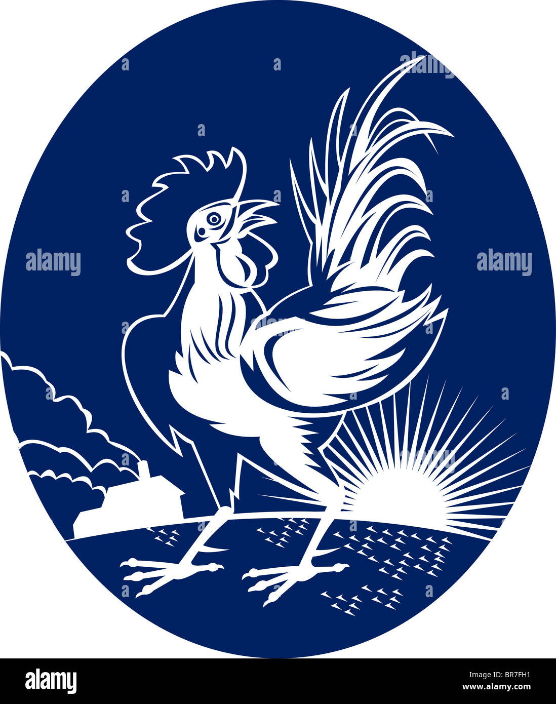 Rooster cockerel crowing with sunburst and house done in woodcut retro ...