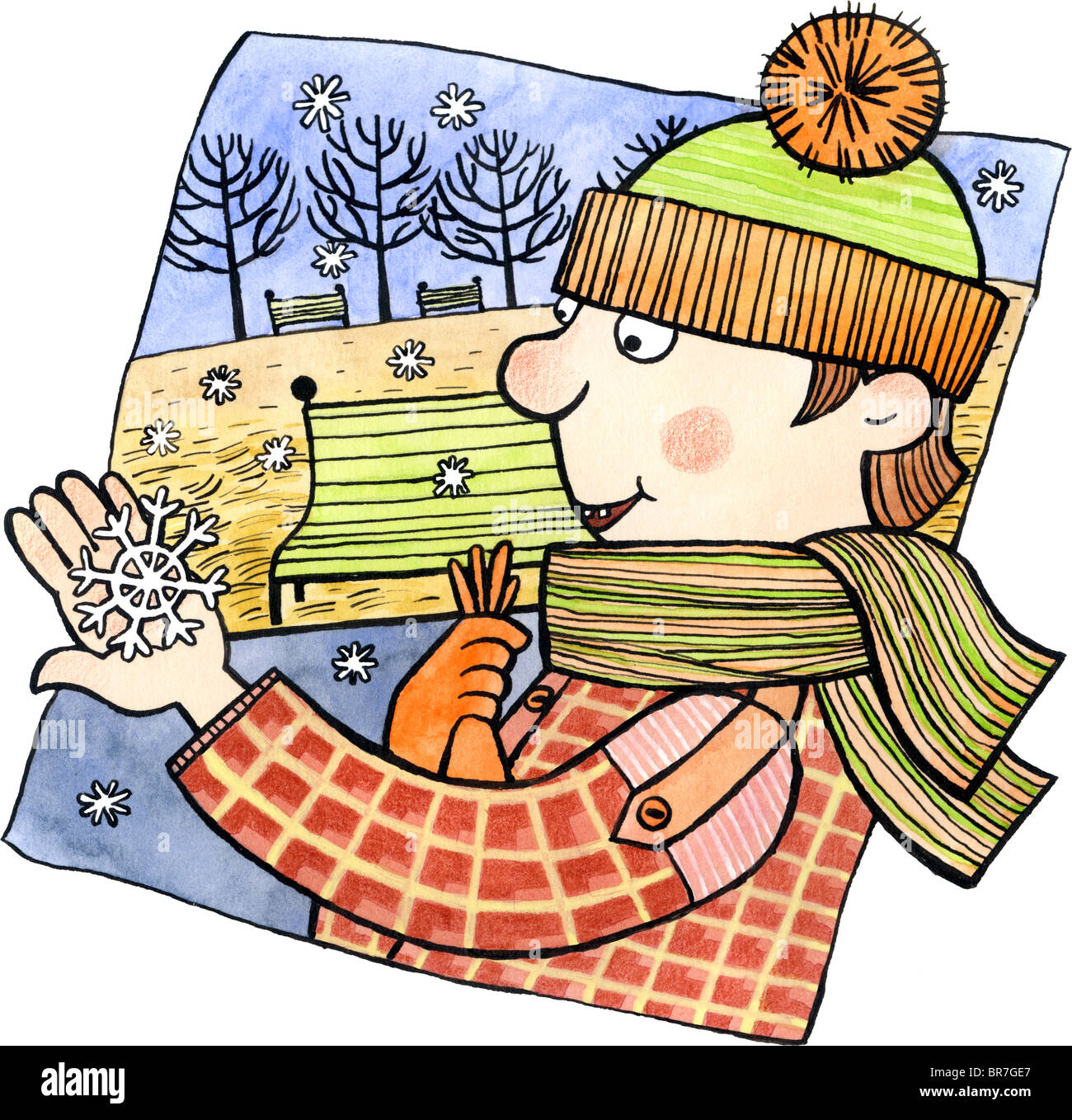 A boy taking off his mittens to catch a snowflake Stock Photo - Alamy