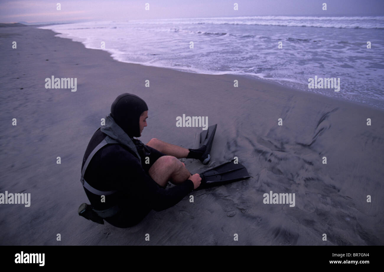 Man in a wetsuit putting on his fins on the beach in San Diego ...