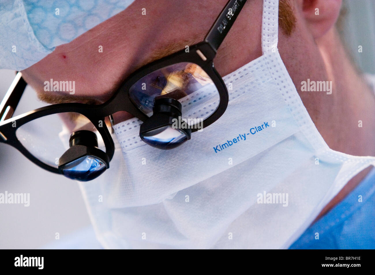 Detail of American surgeon's face during surgery in Esmeraldas Ecuador ...