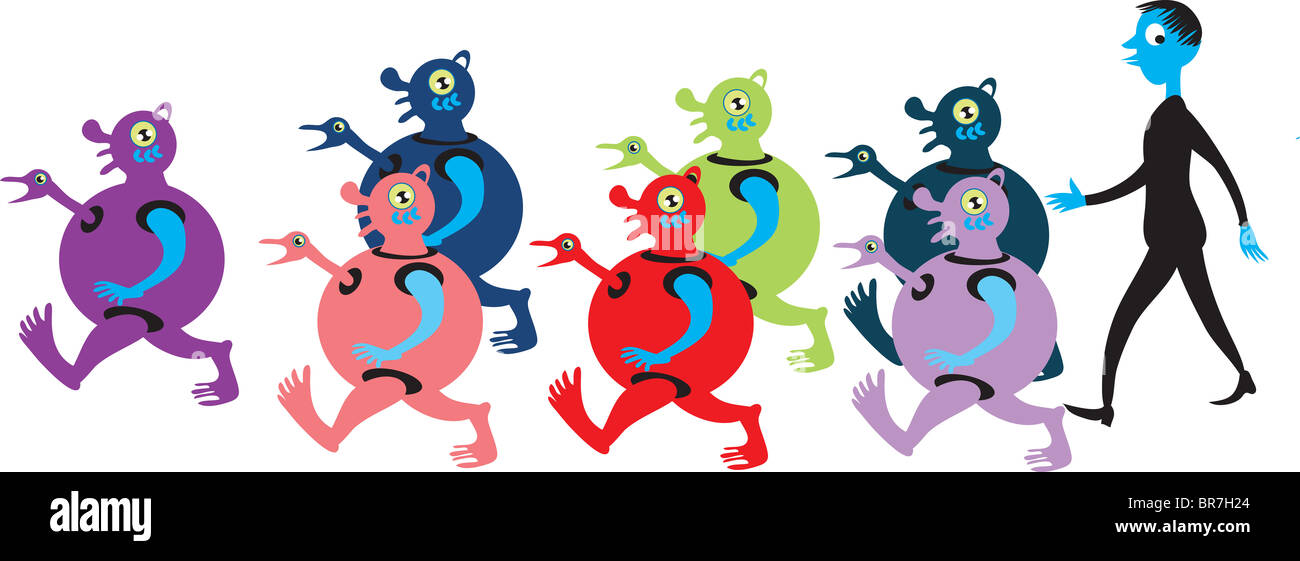 Illustration of a boy walking amongst aliens Stock Photo - Alamy