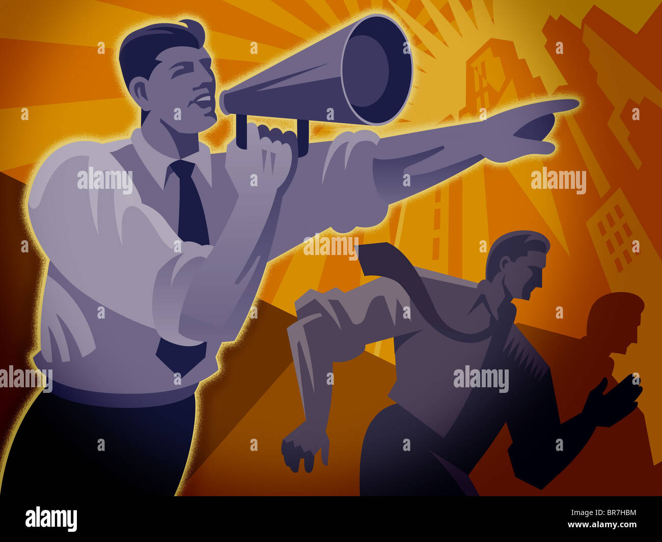 A man shouting into a megaphone and directing people Stock Photo - Alamy