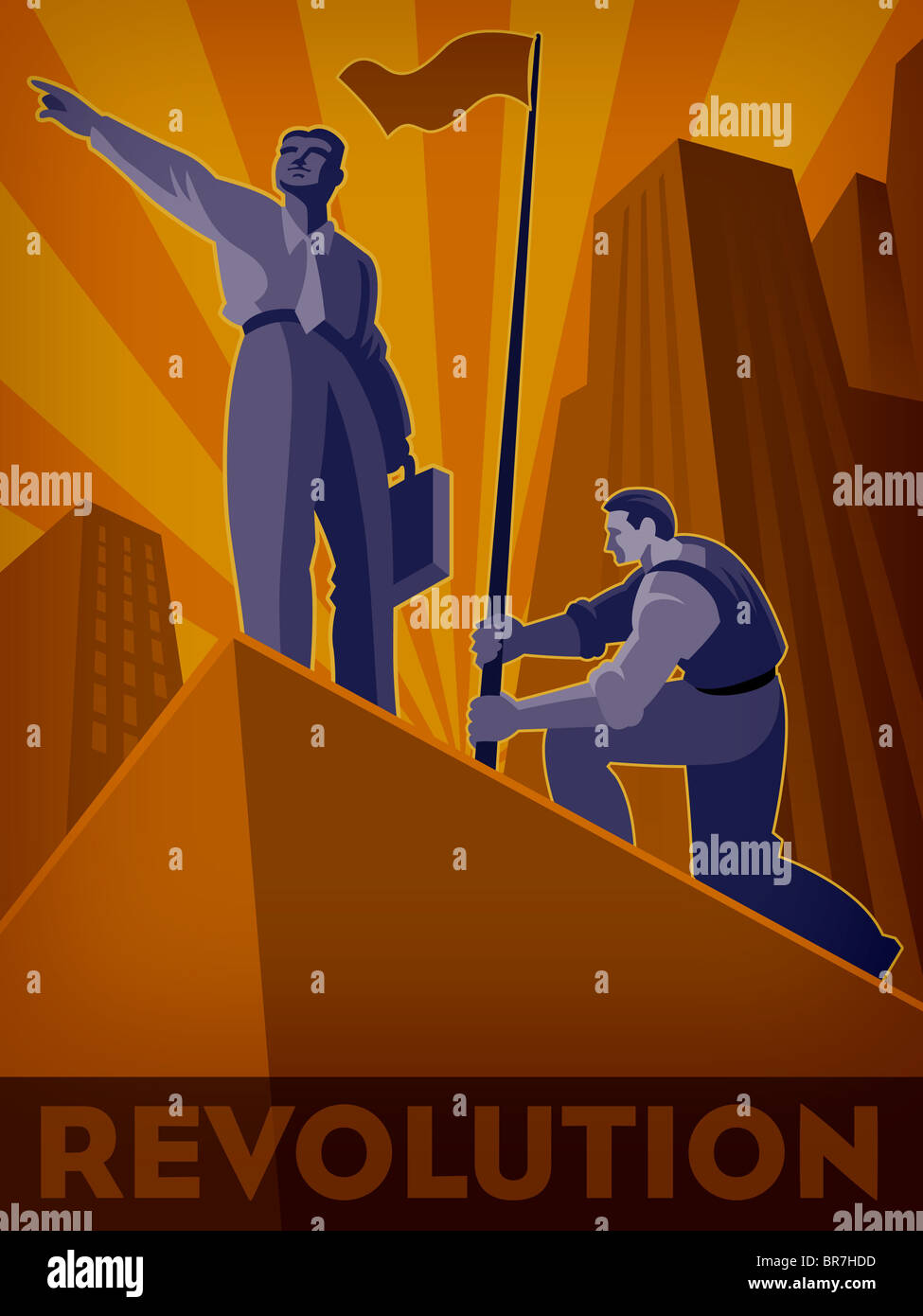 A man erecting a flag and a businessman pointing towards a direction ...