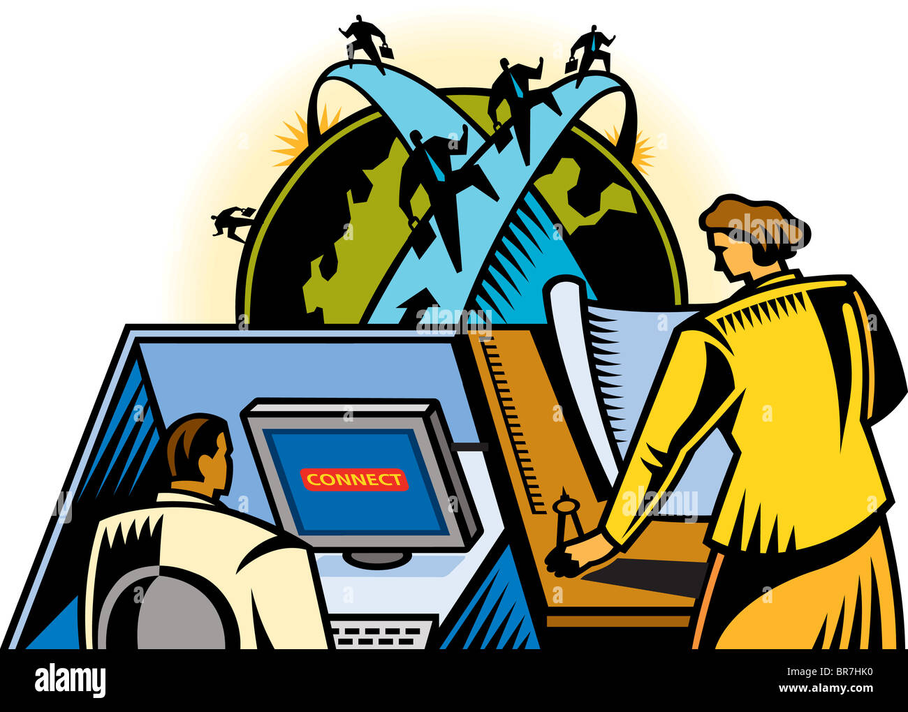 An illustration of a man connecting to people through the internet ...