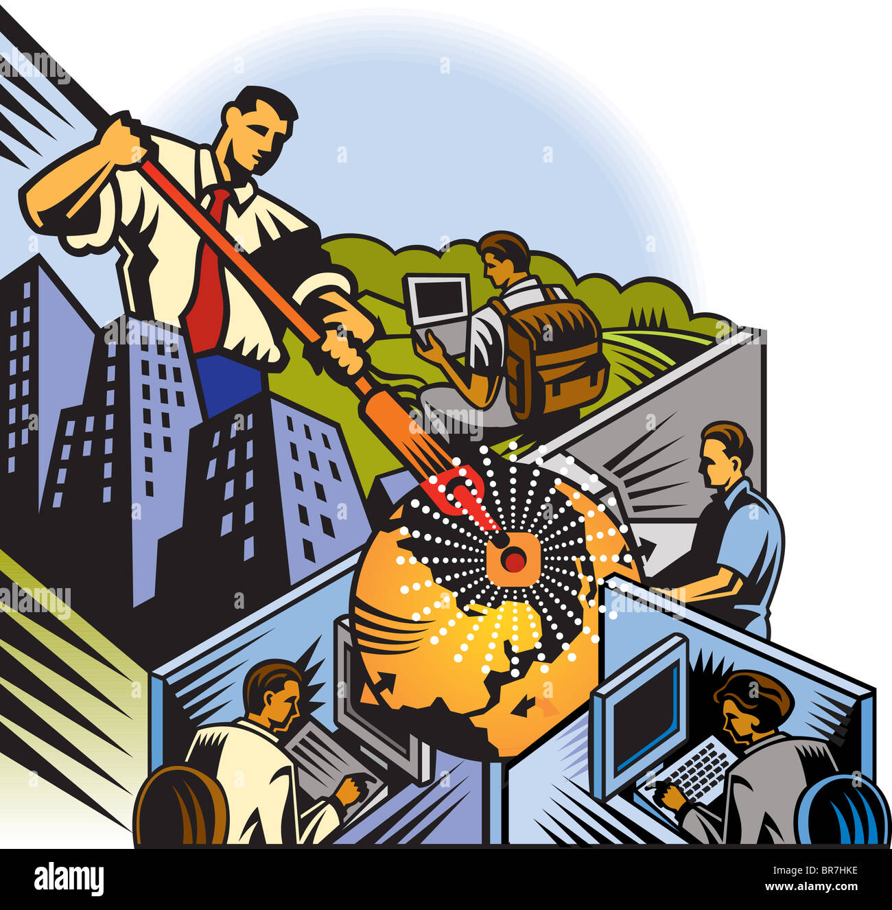 An illustration of employees working around the globe Stock Photo - Alamy