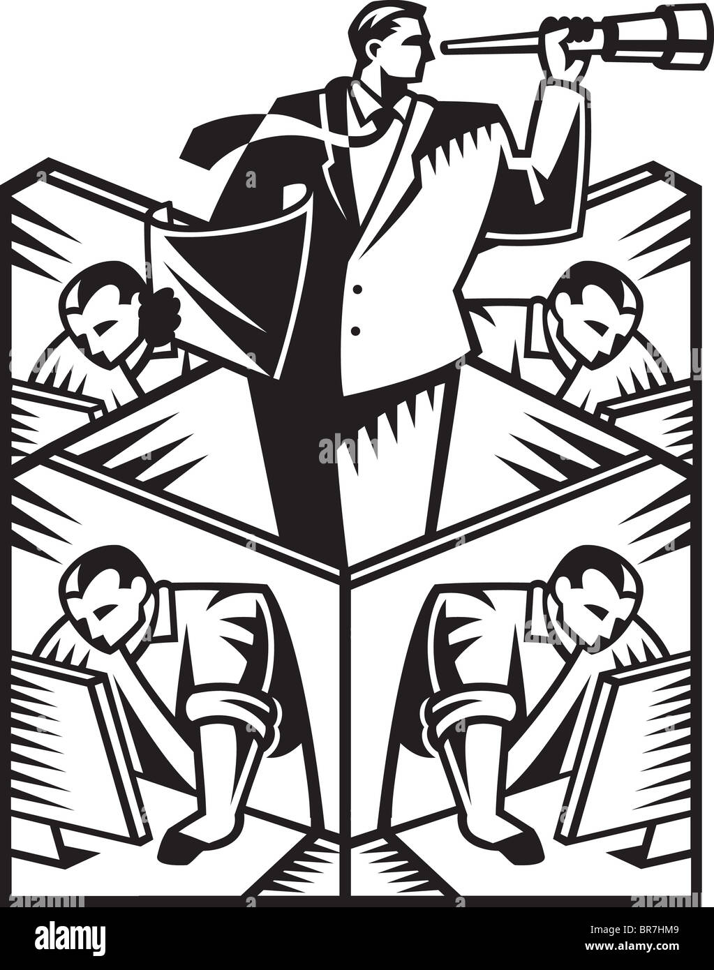 Big Brother - a man looks through a telescope while a group of men work ...