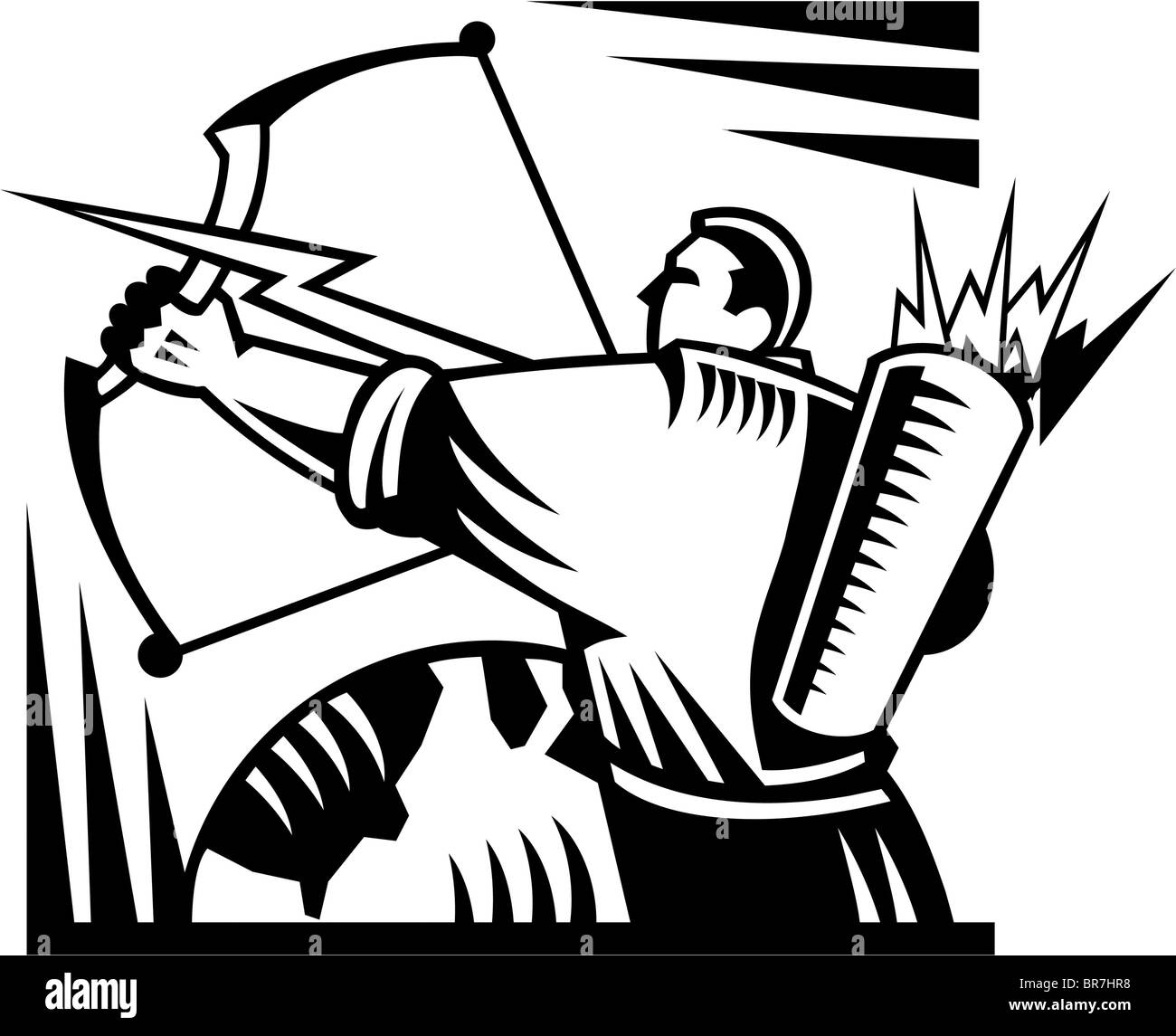 A man shooting a lightning-shaped arrow from a bow Stock Photo - Alamy