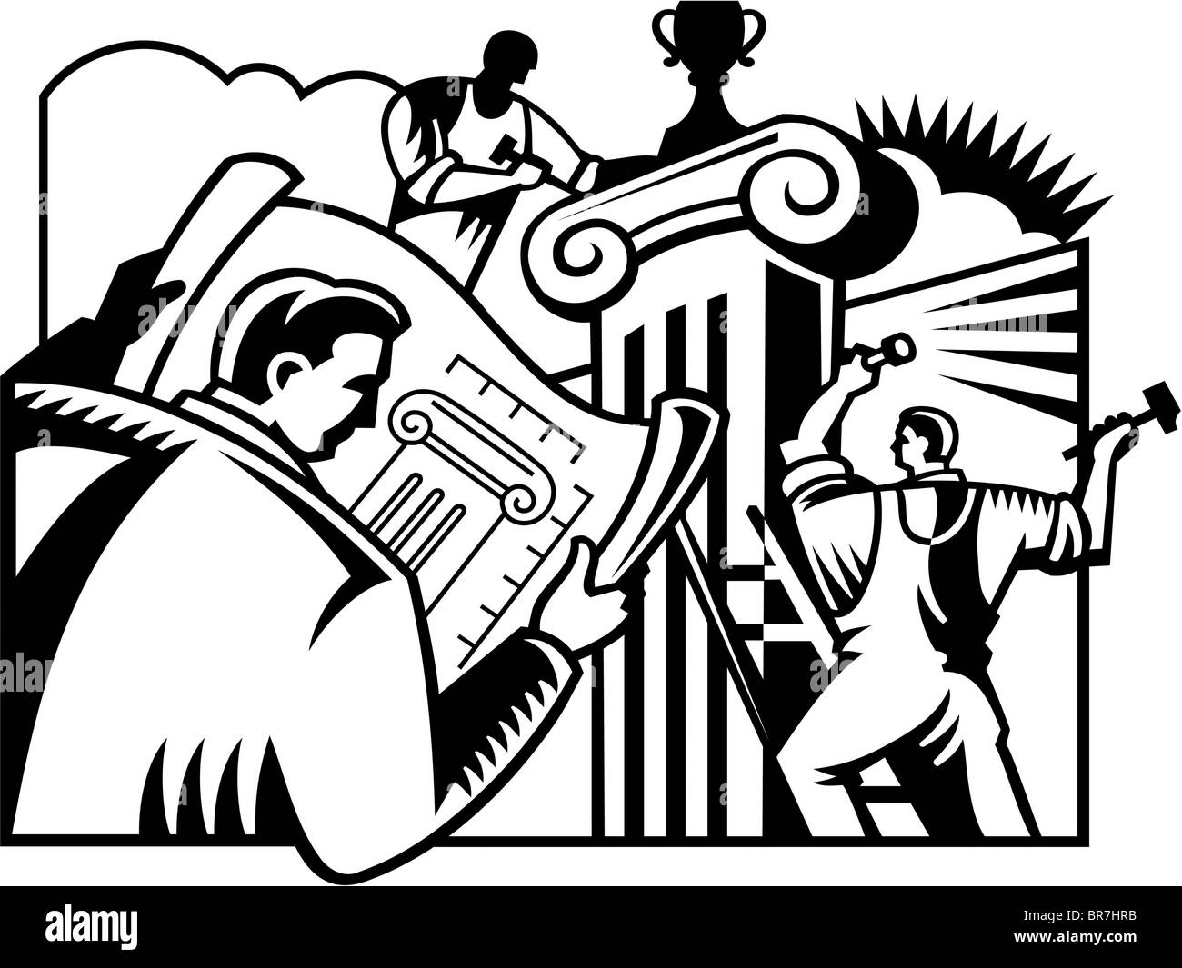 Cartoon engineer builder blueprints Black and White Stock Photos ...