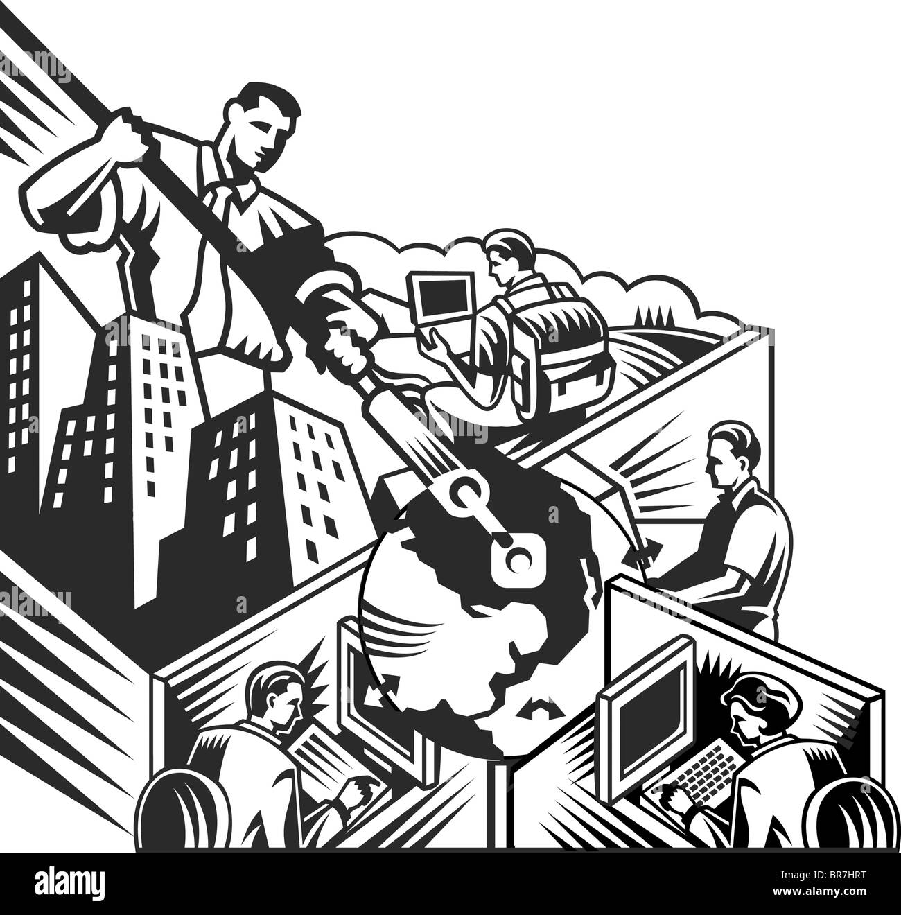 An illustration of employees working around the globe Stock Photo - Alamy