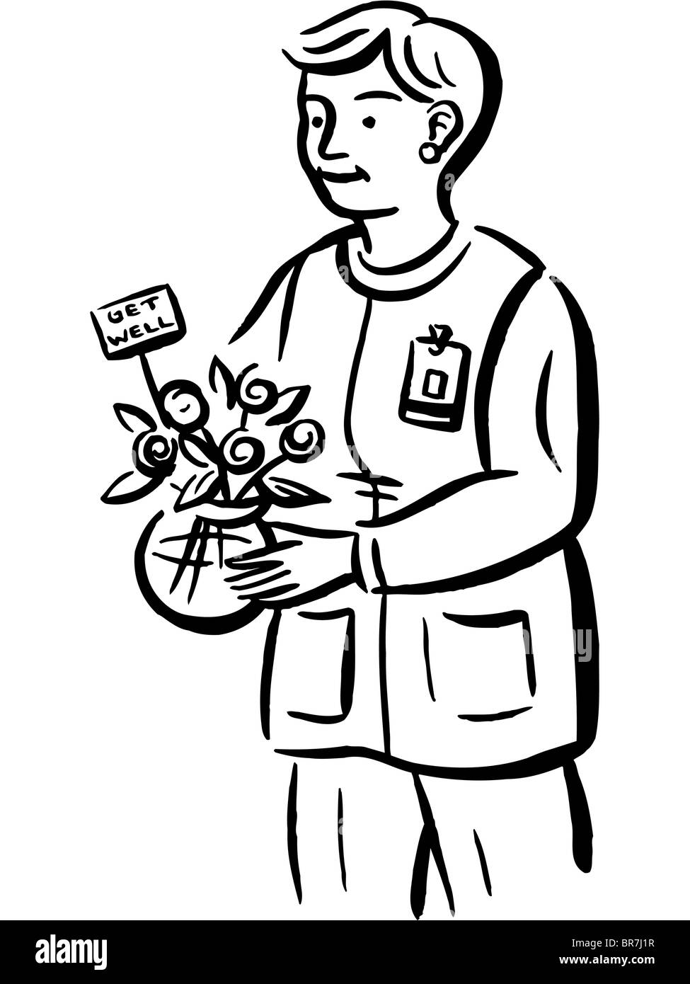 Drawing of a nurse delivering a vase of flowers Stock Photo - Alamy