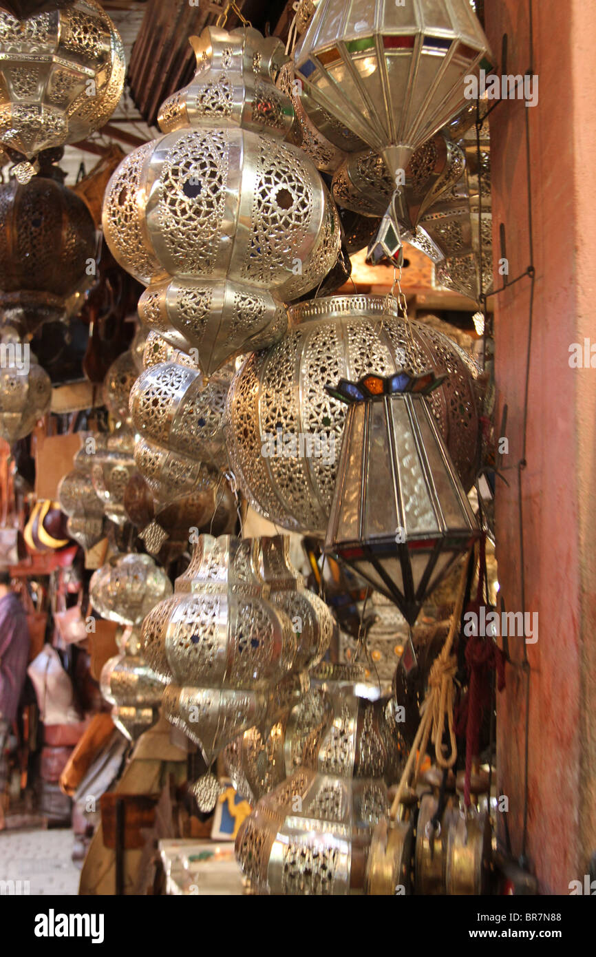 Gold or Brass Lanterns and Lamps at the Market, Souk in Marrakech Stock ...