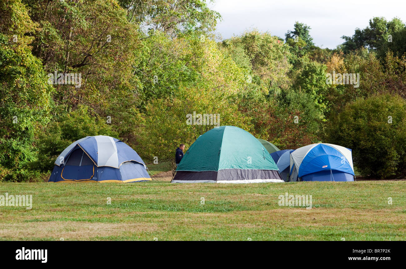 Tents and campers at a camp site in a clearing Stock Photo - Alamy