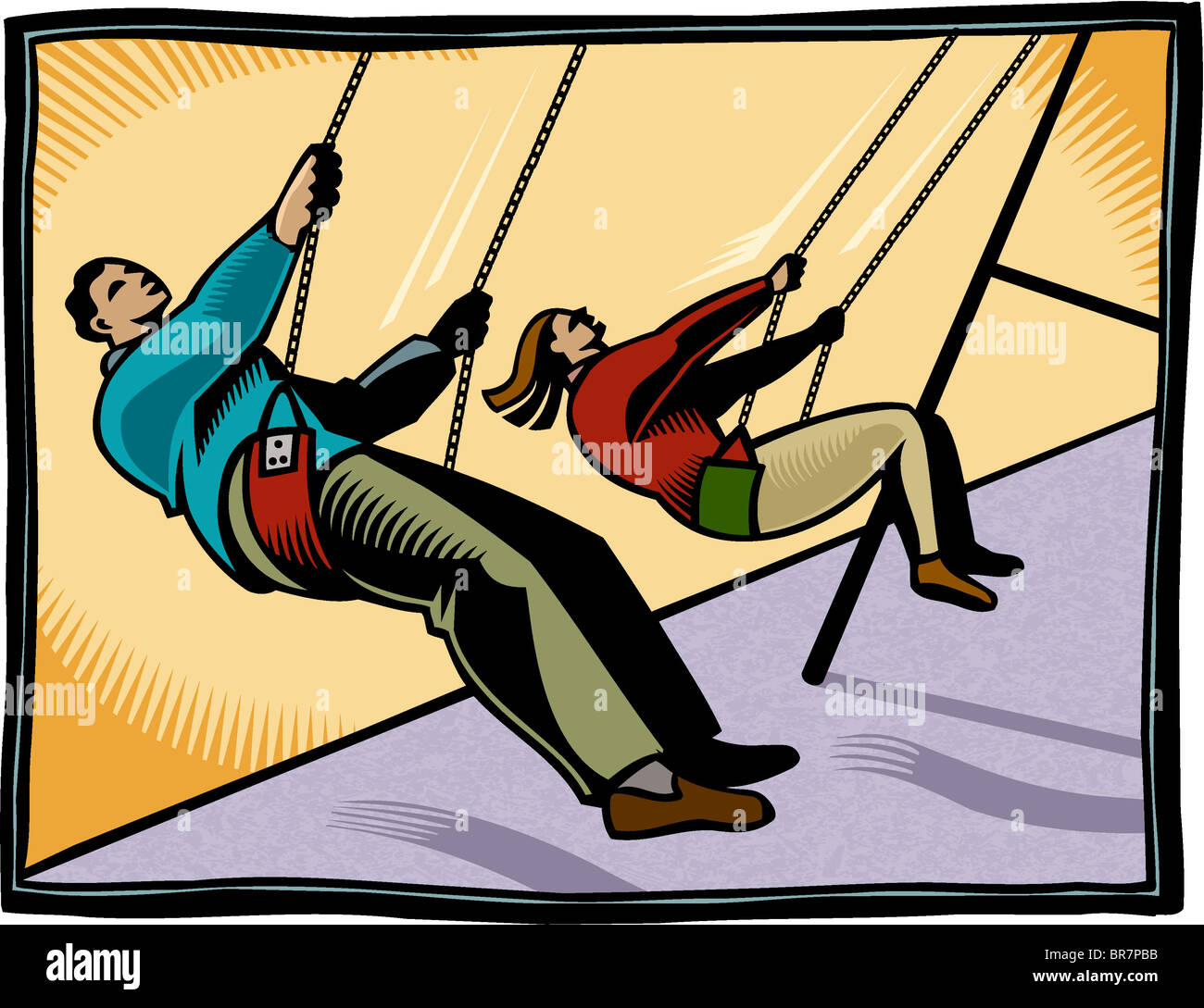 A man and a woman playing on a swing set Stock Photo - Alamy