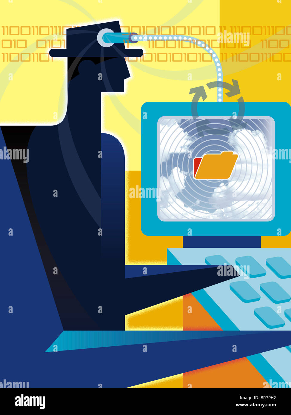 A cartoon drawing of the exchange of data using computer technology ...