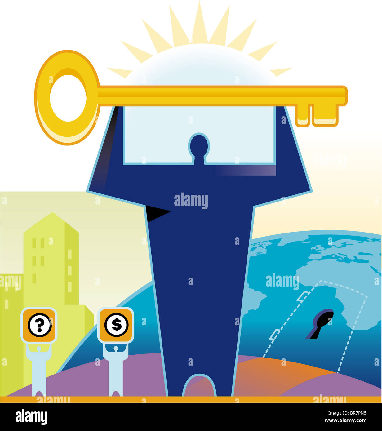 A man holding a giant key Stock Photo - Alamy