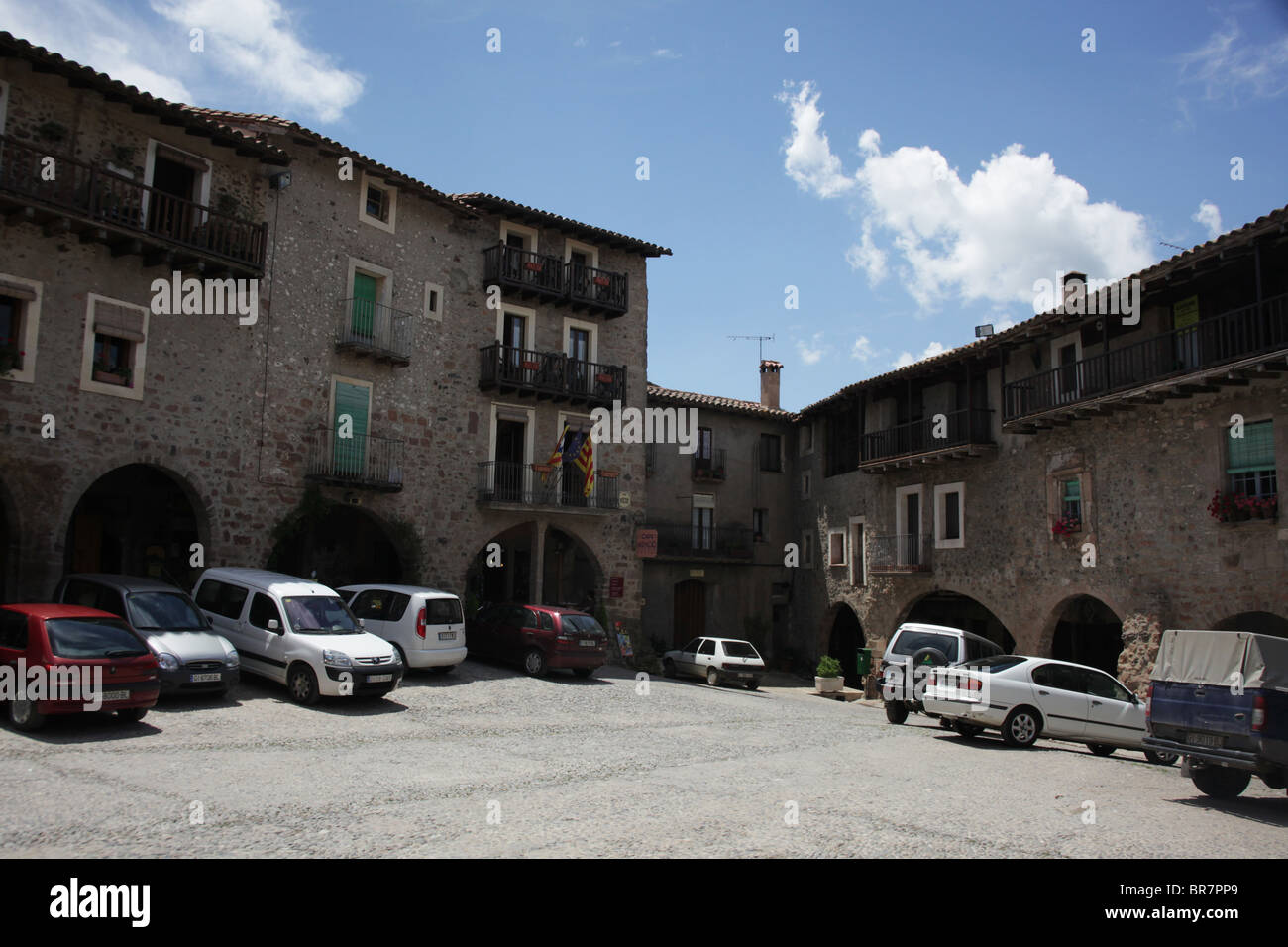 Main square Medieval Santa Pau in the Volcanic Zone National Park near ...