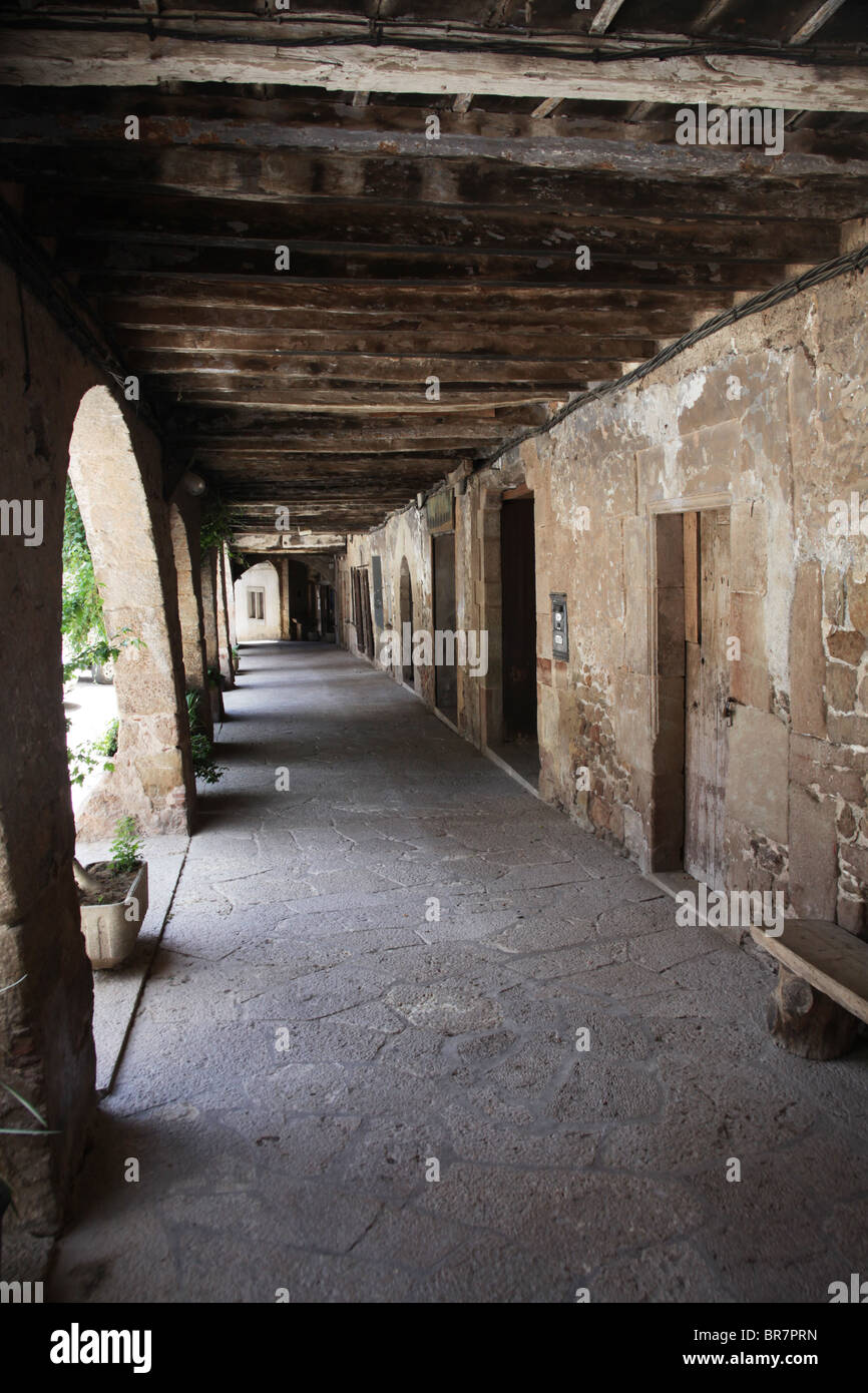 Main square Medieval Santa Pau in the Volcanic Zone National Park near ...