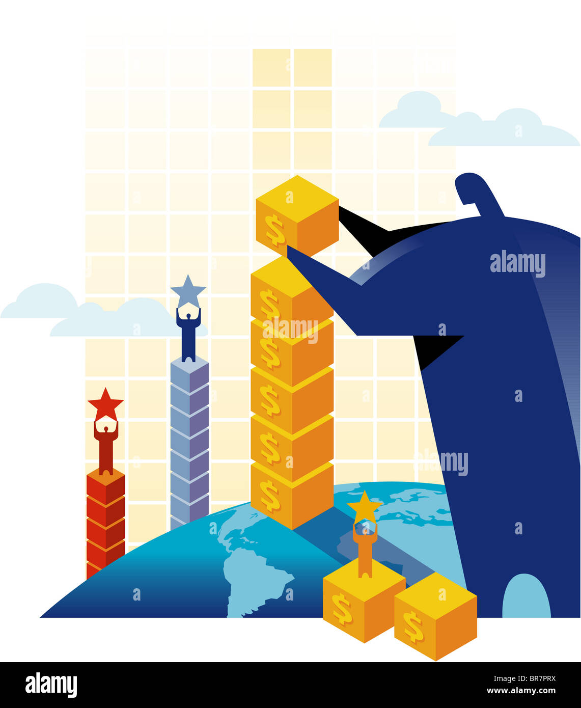 A man building columns of blocks with men standing on top Stock Photo ...