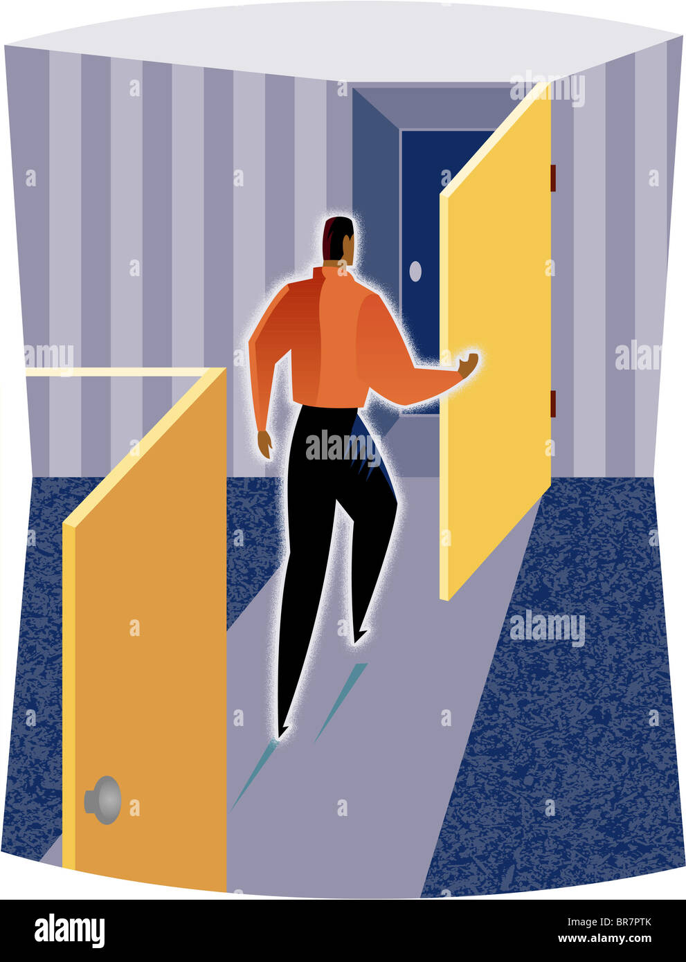 Illustration of a man going through doors Stock Photo - Alamy