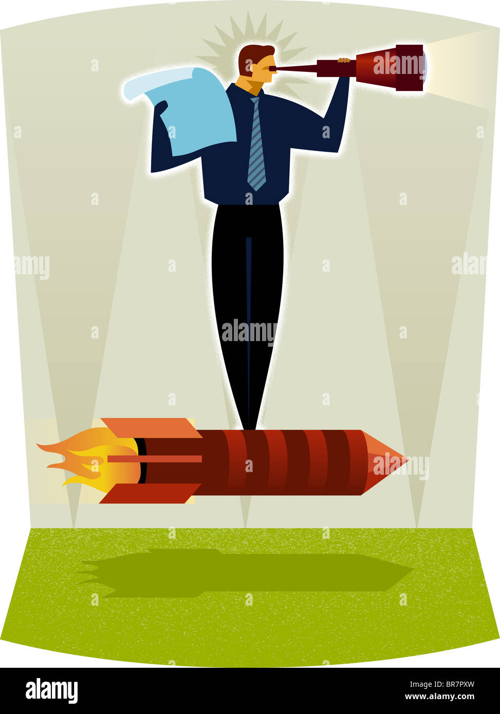 A man standing on a rocket while looking through a telescope Stock ...