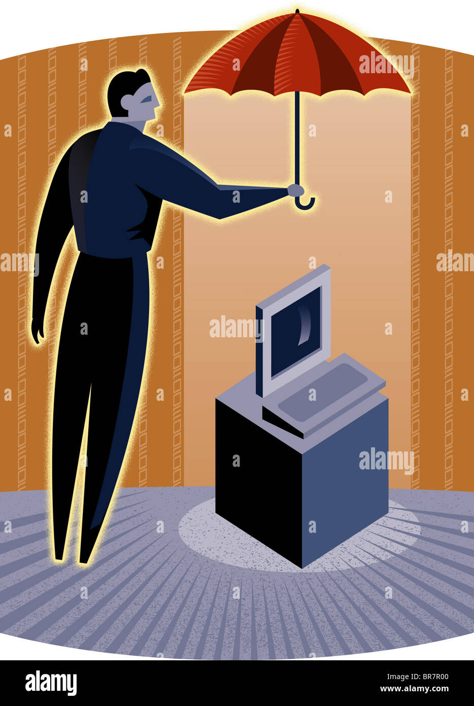A man covering a computer with an umbrella Stock Photo - Alamy