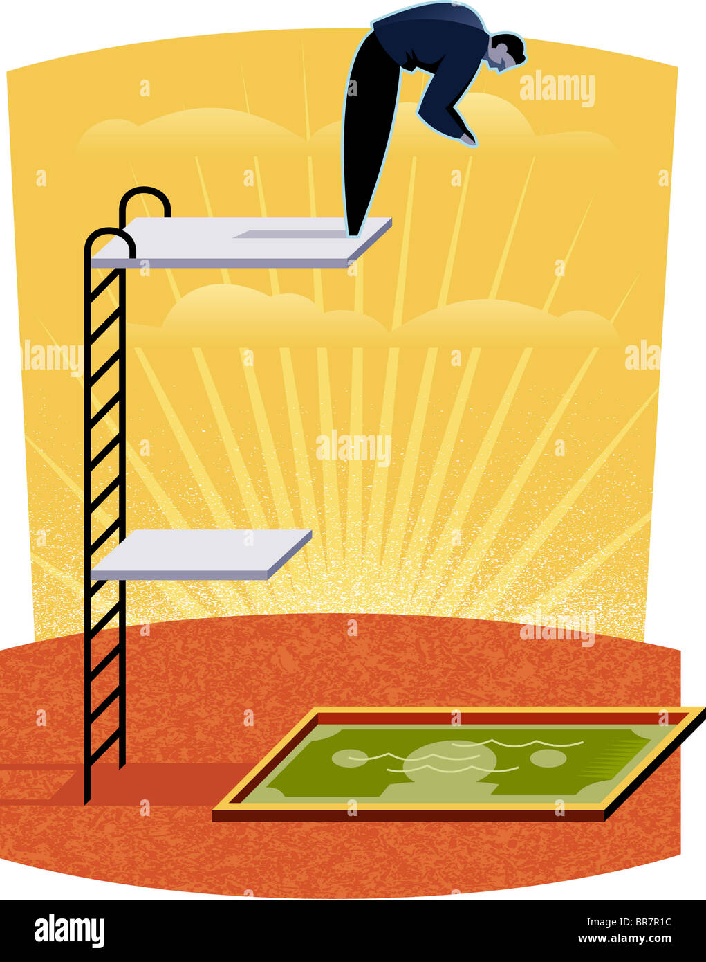 Illustration of a man high diving into a pool of money Stock Photo - Alamy