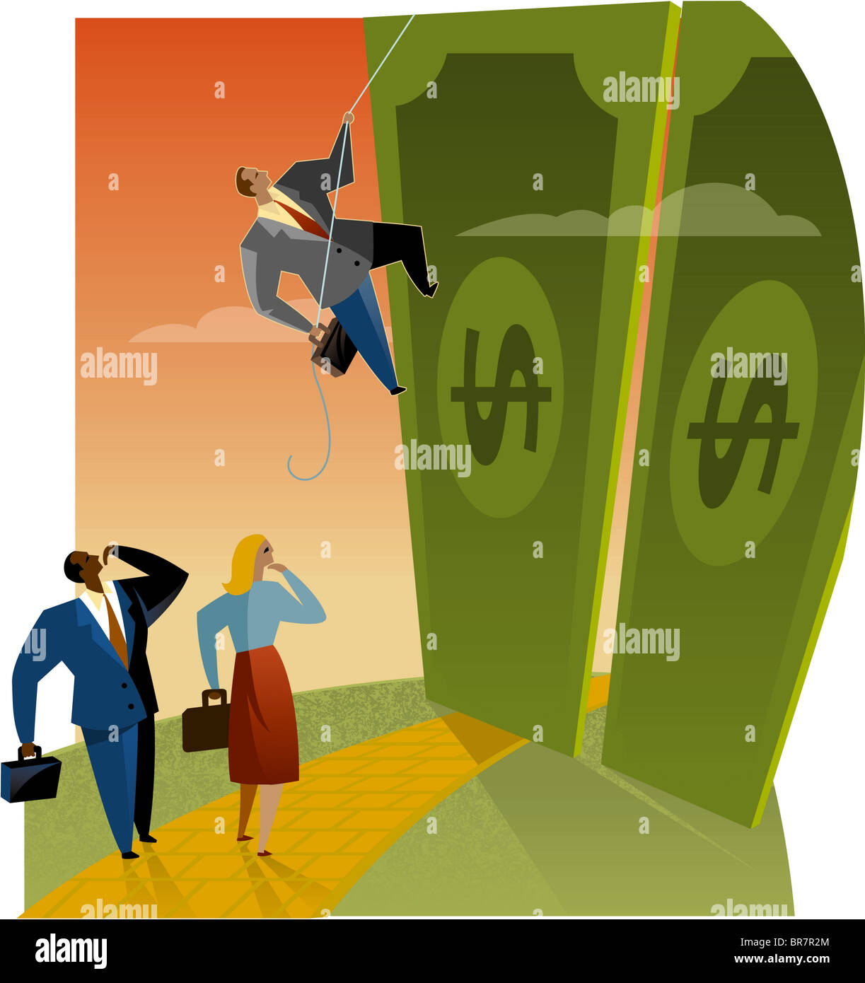 A businessman climbing a giant wall made of money Stock Photo - Alamy