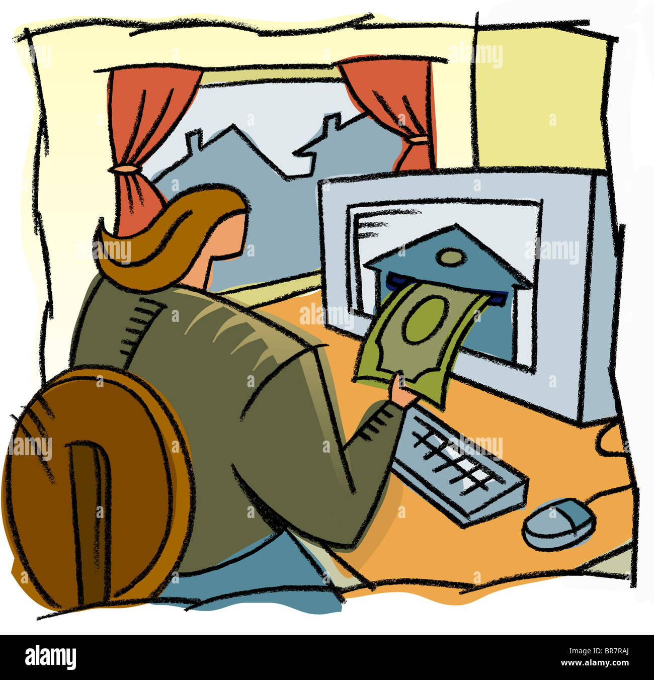 A woman putting money into a computer Stock Photo - Alamy