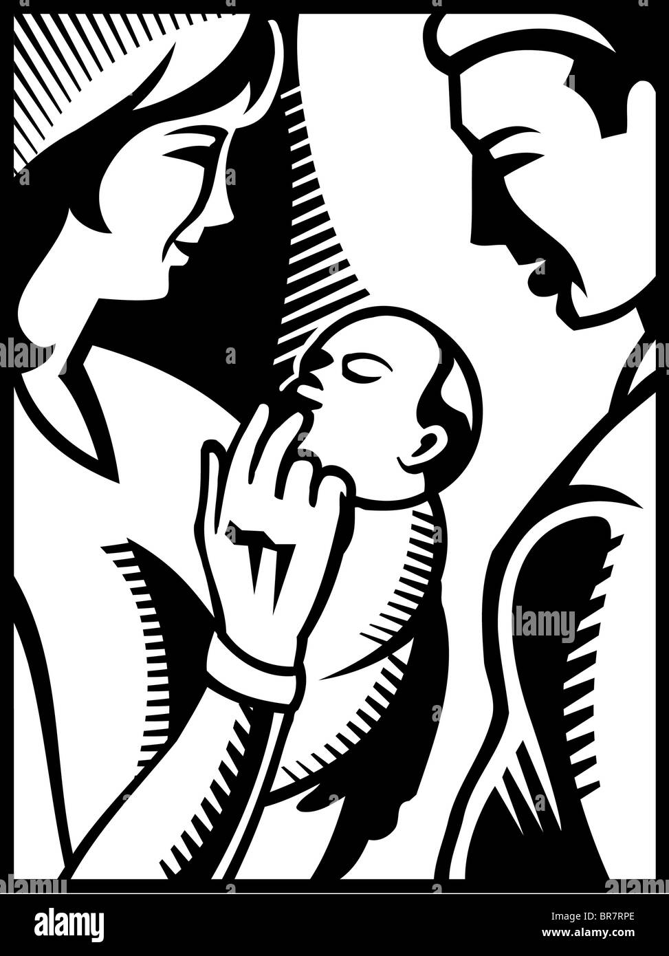 A black and white drawing of parents and infant Stock Photo - Alamy