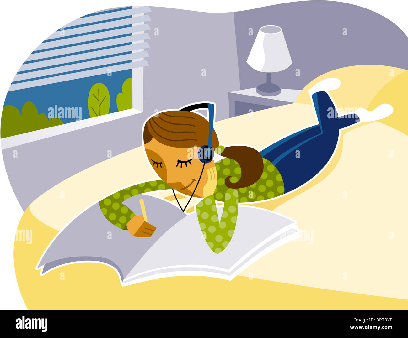 A teenage girl listens to music while doing her homework Stock Photo ...