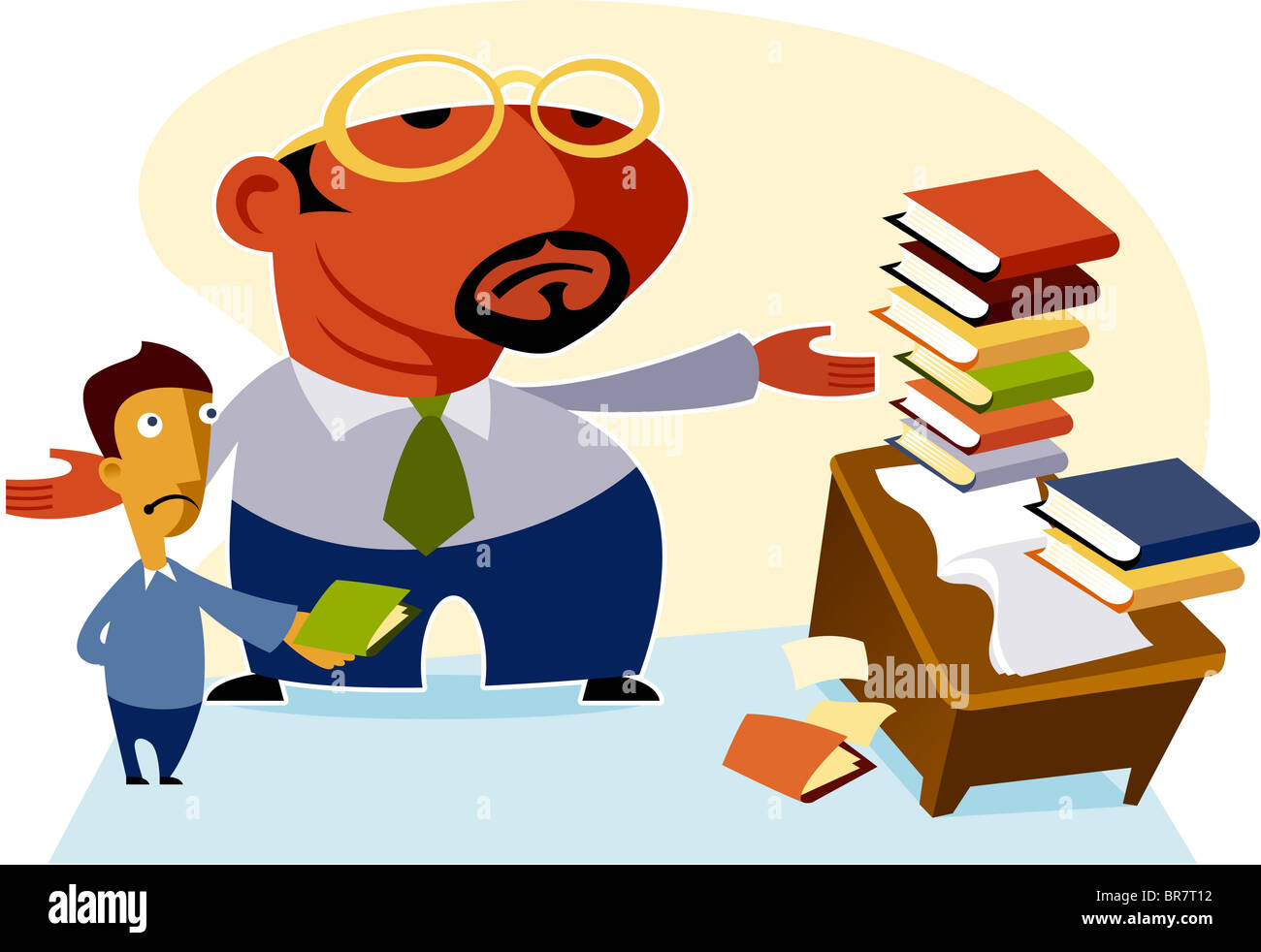 A boy and his teacher look at a big stack of homework lying on the desk ...