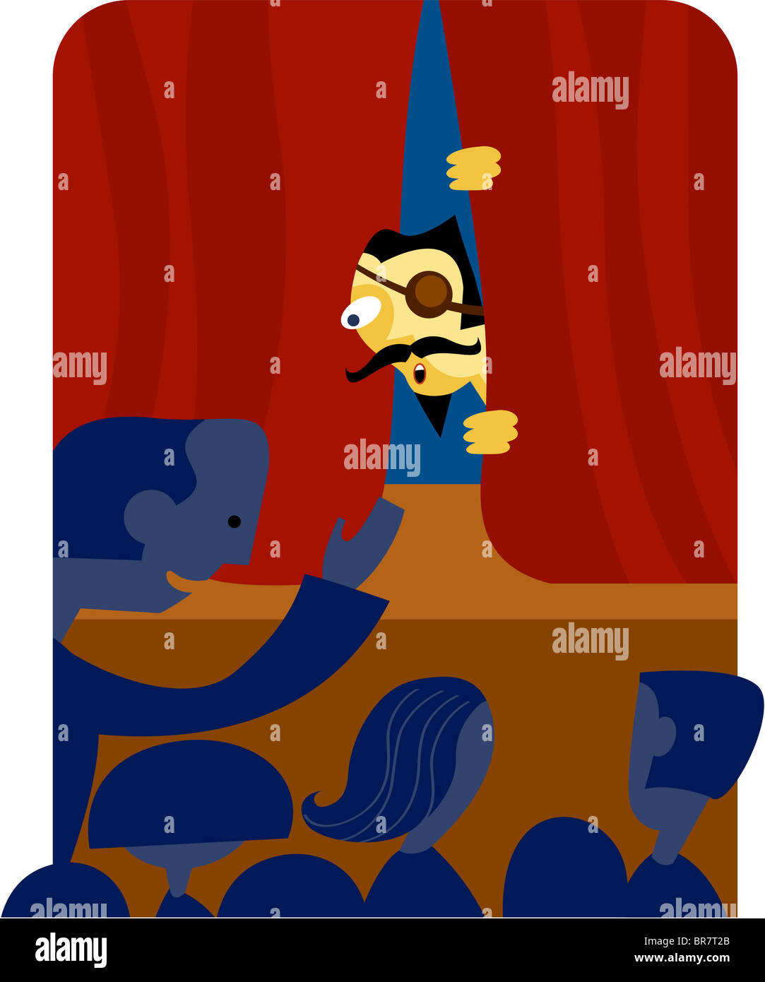 A man sticking his head out of a curtain on stage Stock Photo - Alamy