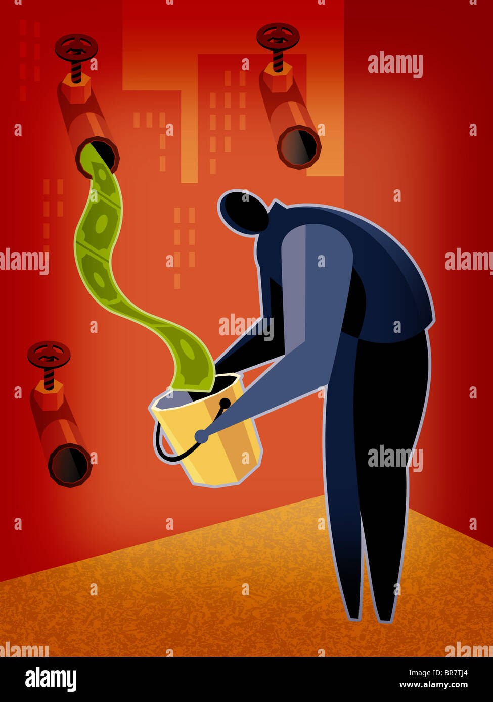 A man filling a bucket with money from a pipe Stock Photo - Alamy