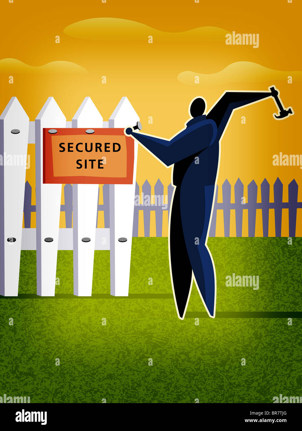 A man putting up a secured site sign Stock Photo - Alamy