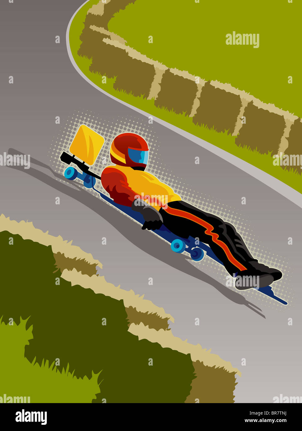 A person riding a street luge board down a road Stock Photo - Alamy