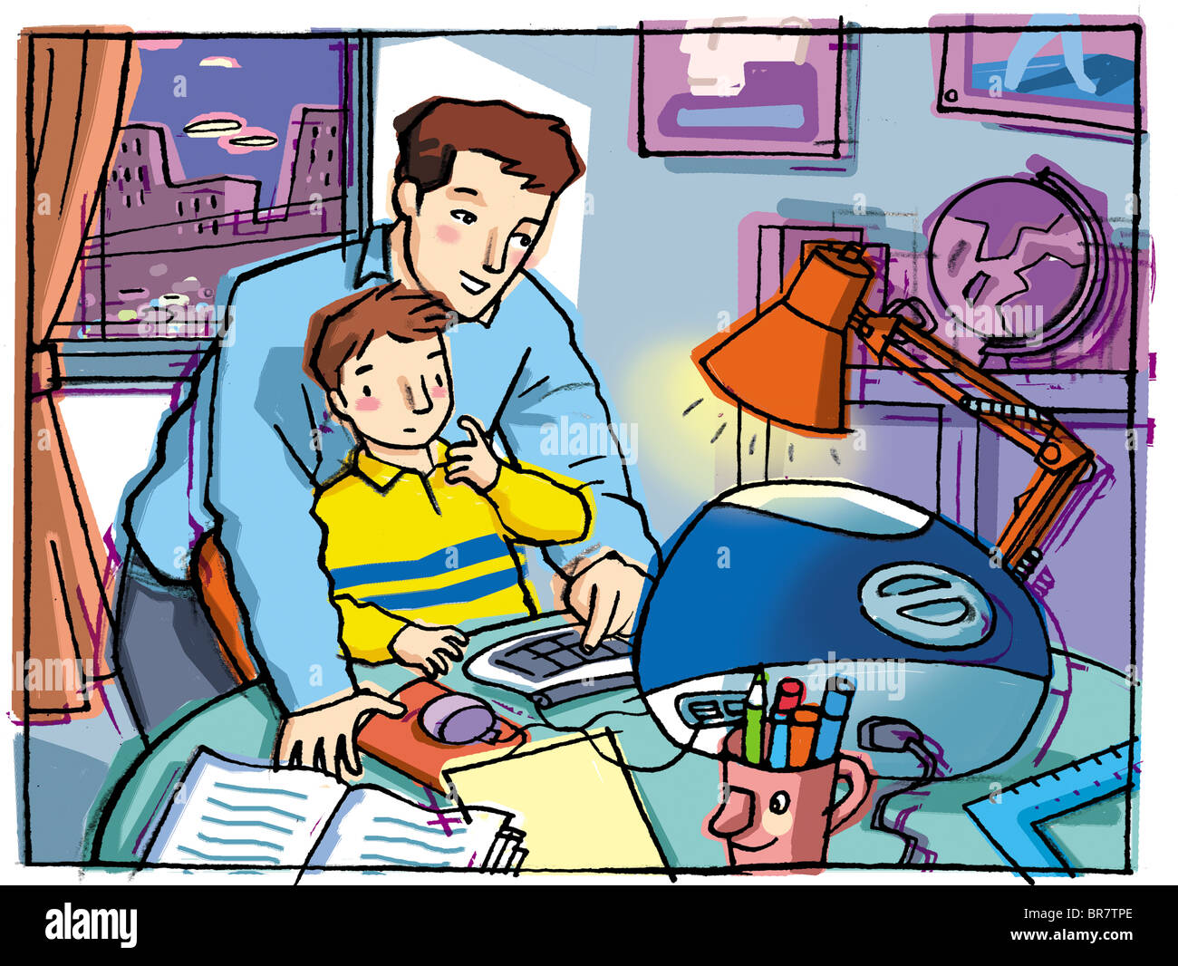 An Graphic representation of a dad helping his son with homework Stock ...