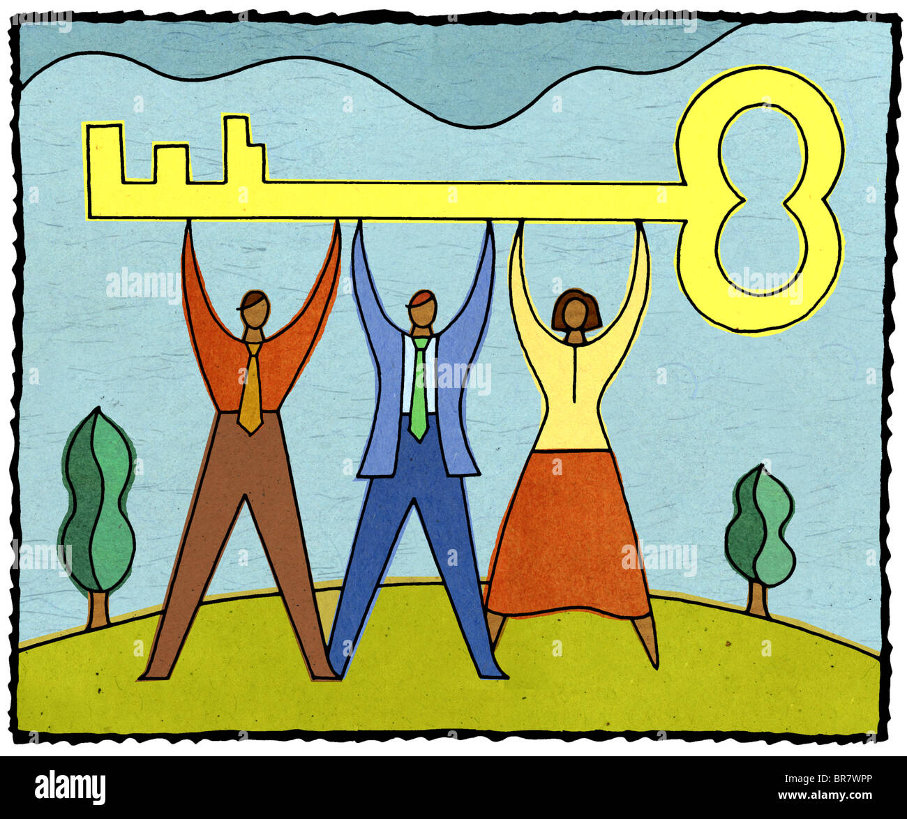 Three people holding up a large key Stock Photo - Alamy
