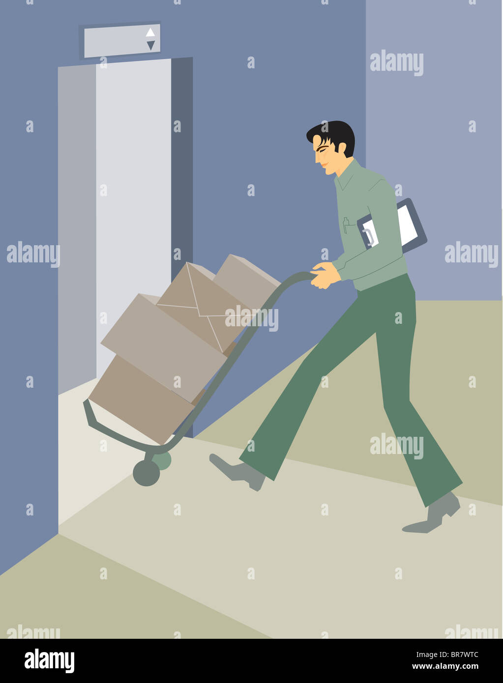 A deliveryman carting boxes onto an elevator Stock Photo - Alamy