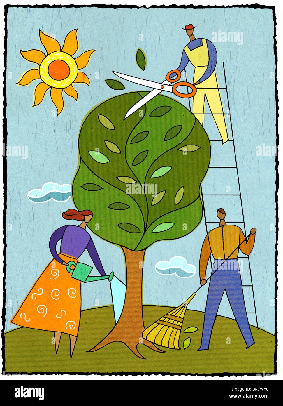 Three people caring for a tree Stock Photo - Alamy