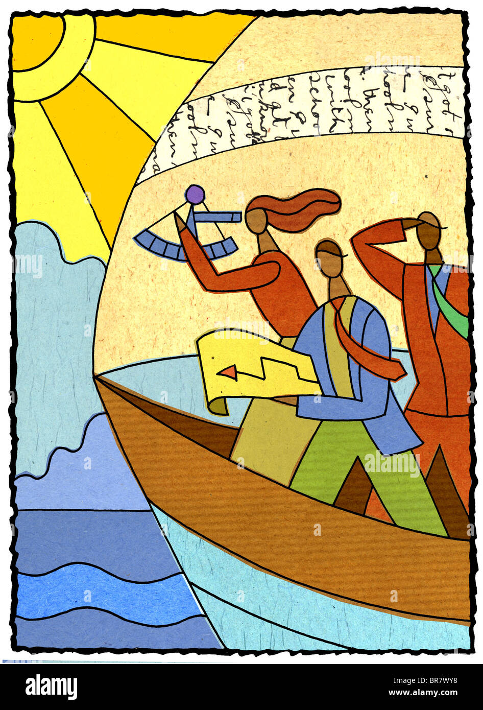 three people navigating in a boat Stock Photo - Alamy