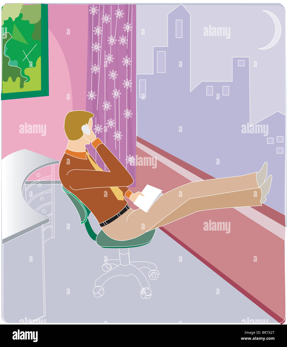 A man talking on his cell phone late at night while looking out his ...