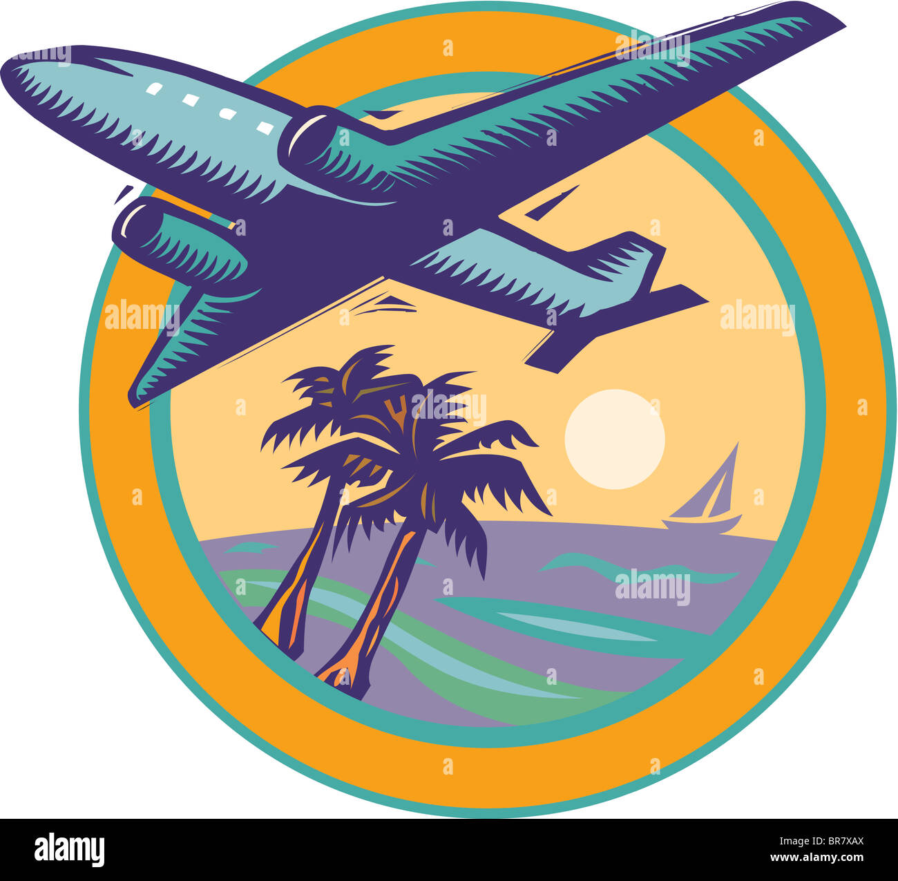 Airplane flying over palm trees Stock Photo - Alamy