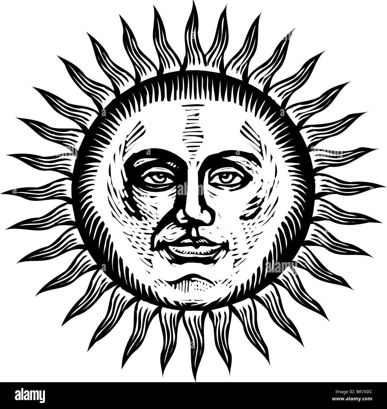 Bright sun with face, black and white Stock Photo - Alamy